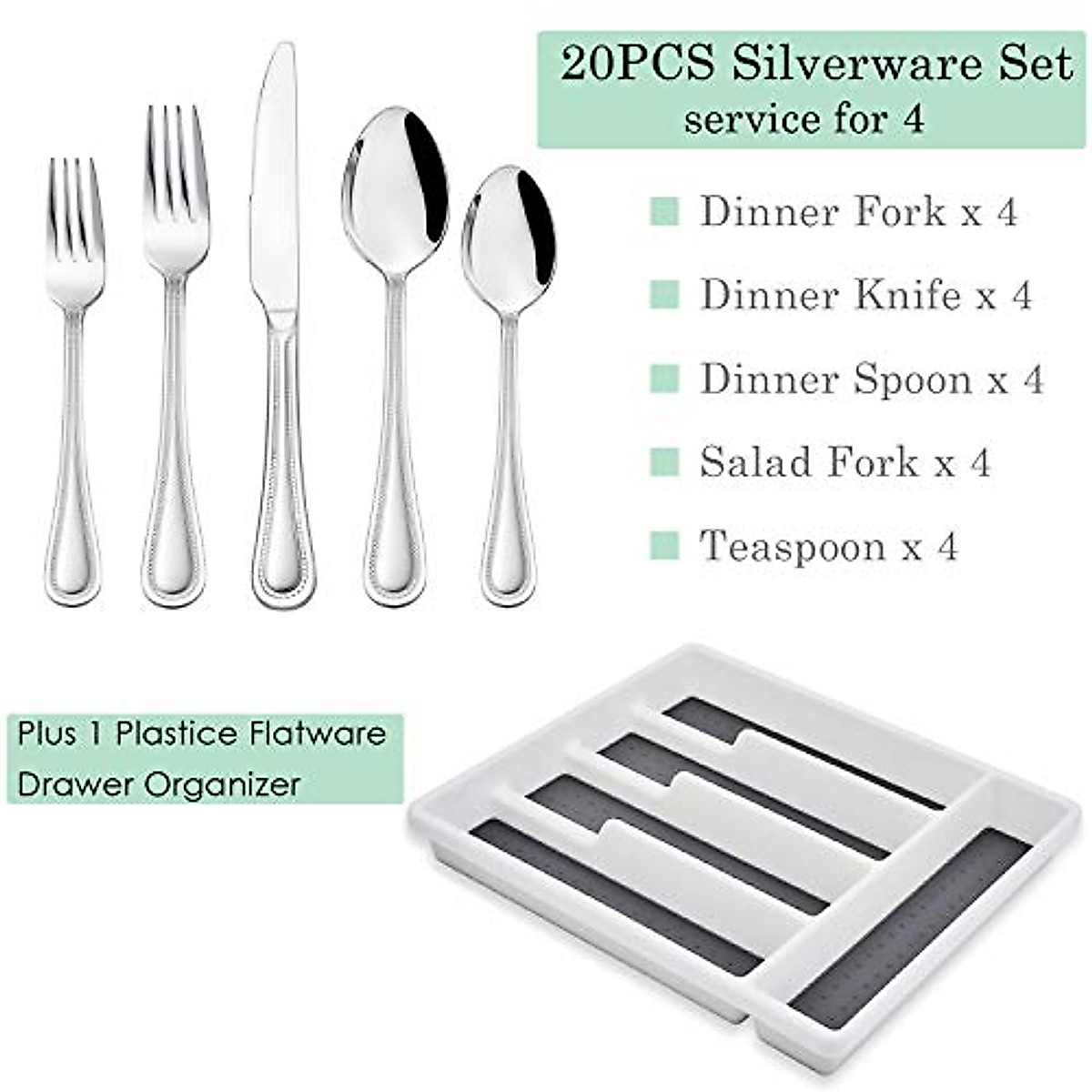 20-Piece Silverware Set with Drawer Organizer, HaWare Stainless Steel Flatware Service for 4, Modern Tableware Cutlery with Pearled Edge, Eating Utensil for Home, Mirror Polished, Dishwasher Safe