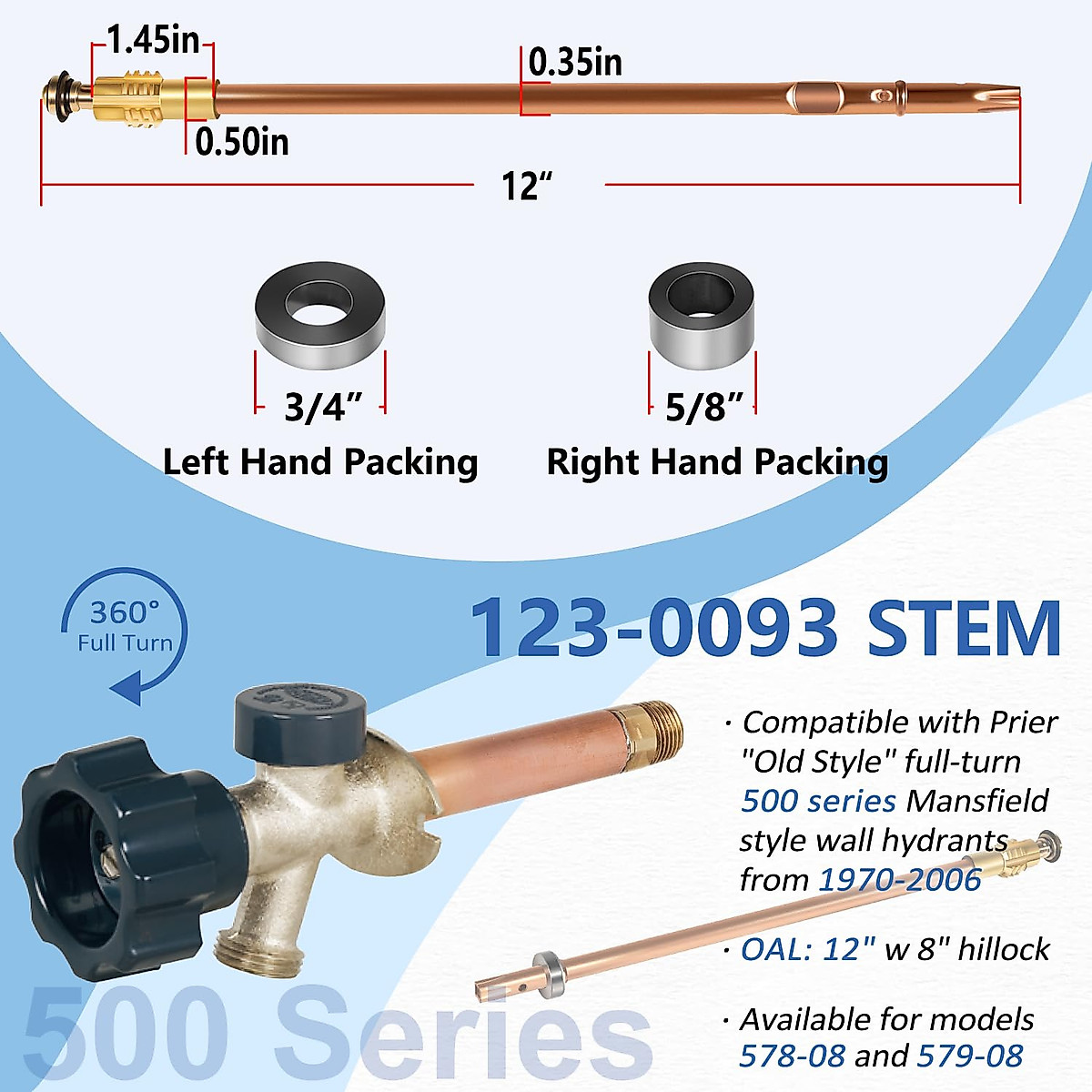 123-0093 Stem Assembly Replacement for Prier 500 Series Mansfield Style Wall Hydrants, 12-inch Overall Length | 8-inch Sillcock ASFP