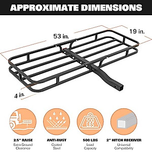 WEIZE 53 x 19 x 4-1/8 Inch Hitch Cargo Carrier, 500 lbs Capacity Steel Hitch Cargo Rack Basket with Net, Strap, Tightener for Car SUV Truck Traveling Camping, 2" Receiver