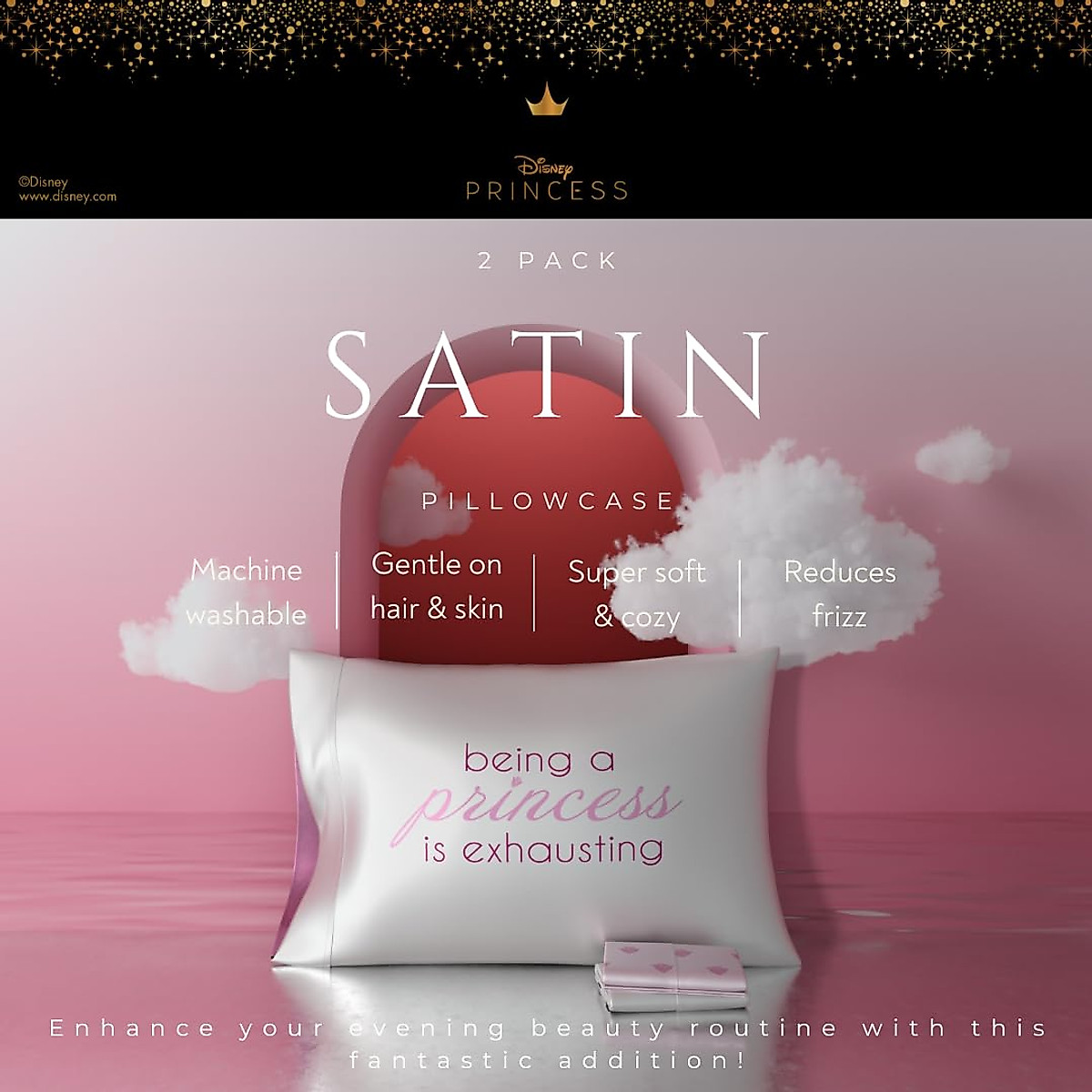 Disney Princess Sleeping Beauty Silky Satin Standard 2 Pack Pillowcase Cover Set 20x30 for Hair and Skin, (Officially Licensed Product) by Franco Collectibles