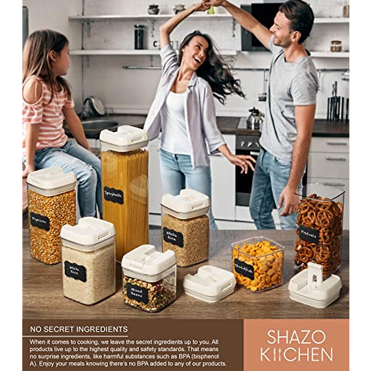 Shazo Airtight Food Storage Containers 7 Piece Set, Pantry Organizer BPA Free Plastic Flour, Pasta Containers with Easy Lock Lids for Kitchen Pantry Organization and Storage Includes Labels & Marker
