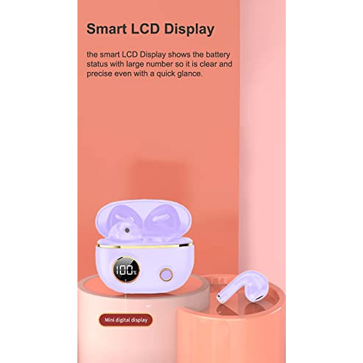 eDealz in-Ear Wireless Bluetooth 5 Headphones, Earbuds IPX5 Waterproof with Microphone Rechargeable USB C Case with Round LCD Display for Smartphones Android iOS (Purple)