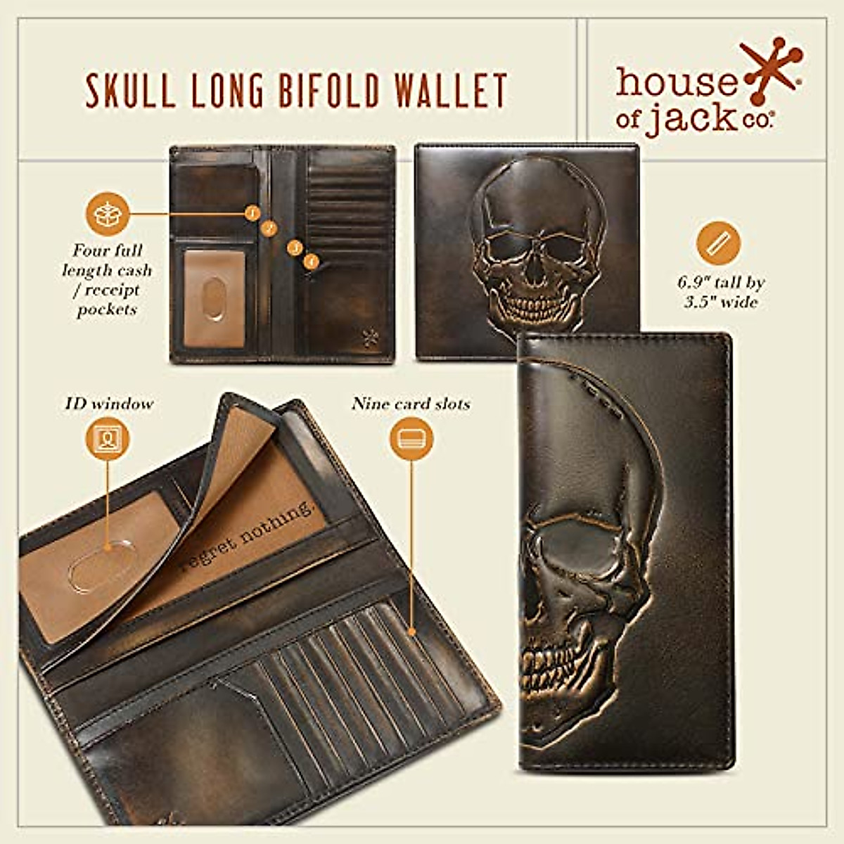 House of Jack Co. SKULL Long Wallet For Men | Full Grain Leather with Hand Burnished Finish | Long Bifold Wallet | Rodeo Wallet | Biker Gift