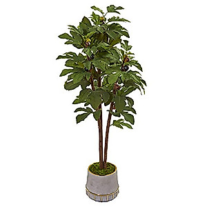 Nearly Natural 47in. Fig Artificial Tree in Stoneware Vase with Gold Trimming