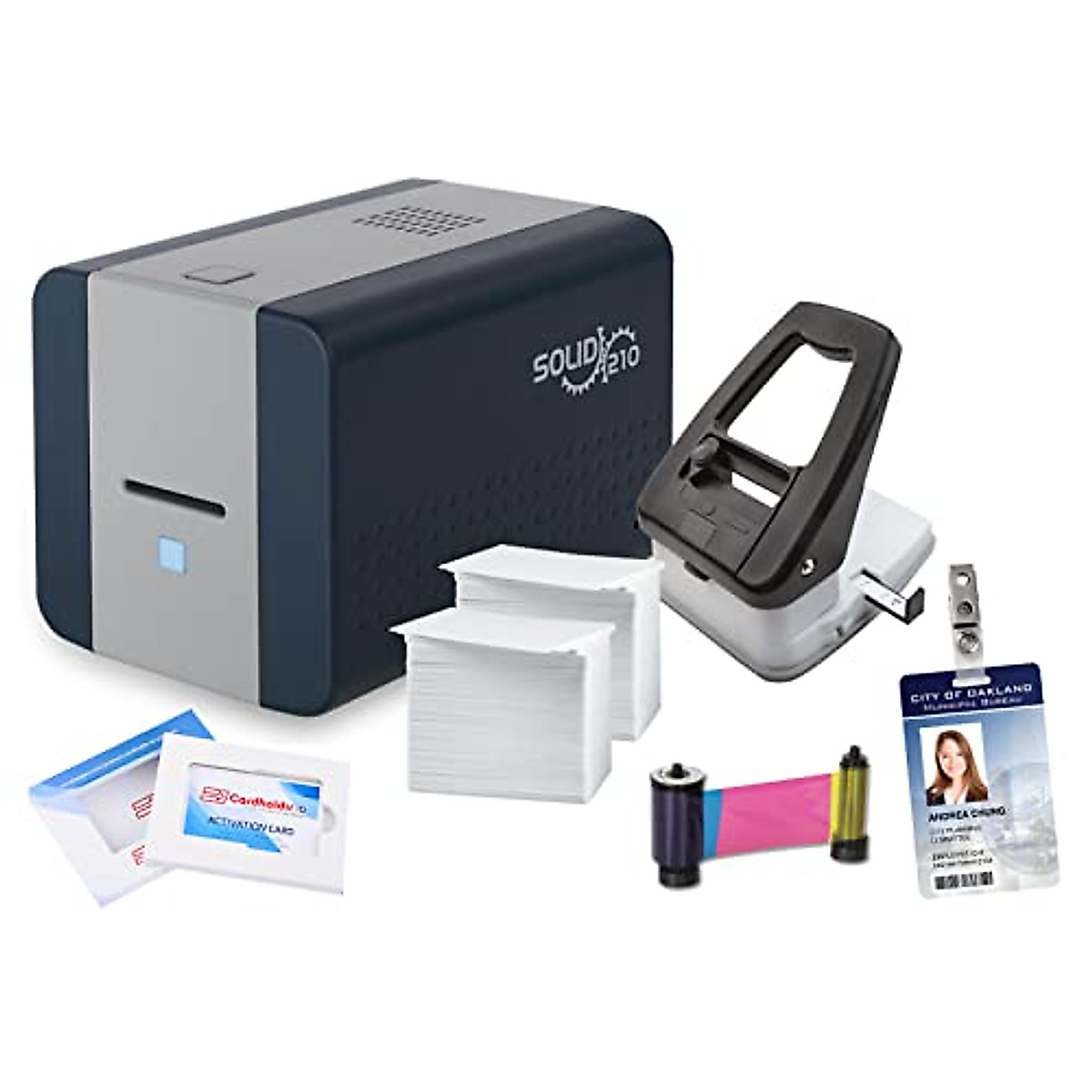 Cardholdir ID Solid 210 Badge Printer | with Beginner Software, 200 Blank ID Cards, Slot Punch, 200 Strap Clips, & 1 Color Ribbon | Single Sided ID Card Printer