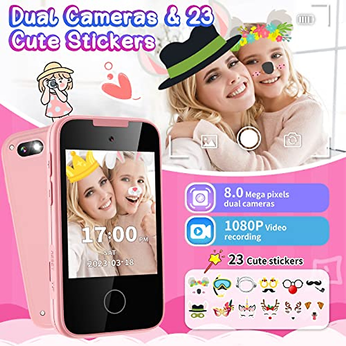Kids Phone for Girls Aged 3-6 with Dual Camera, Touchscreen Toy Phones for Kids MP3 Music Player 13 Puzzle Games, Educational Toys Christmas Birthday Gifts for Girls Ages 3 4 5 6 7 with SD Card Pink