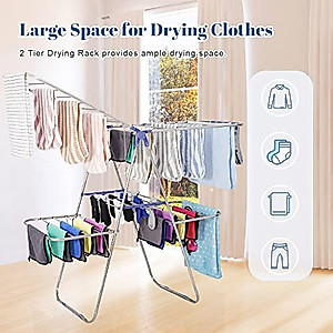 ZenStyle Clothes Drying Rack, 2-Level Laundry Drying Rack with Sock Clips, Stainless Steel Foldable Laundry Hanger with Height-Adjustable Gullwings for Clothes, Towels, Sheets, Silver