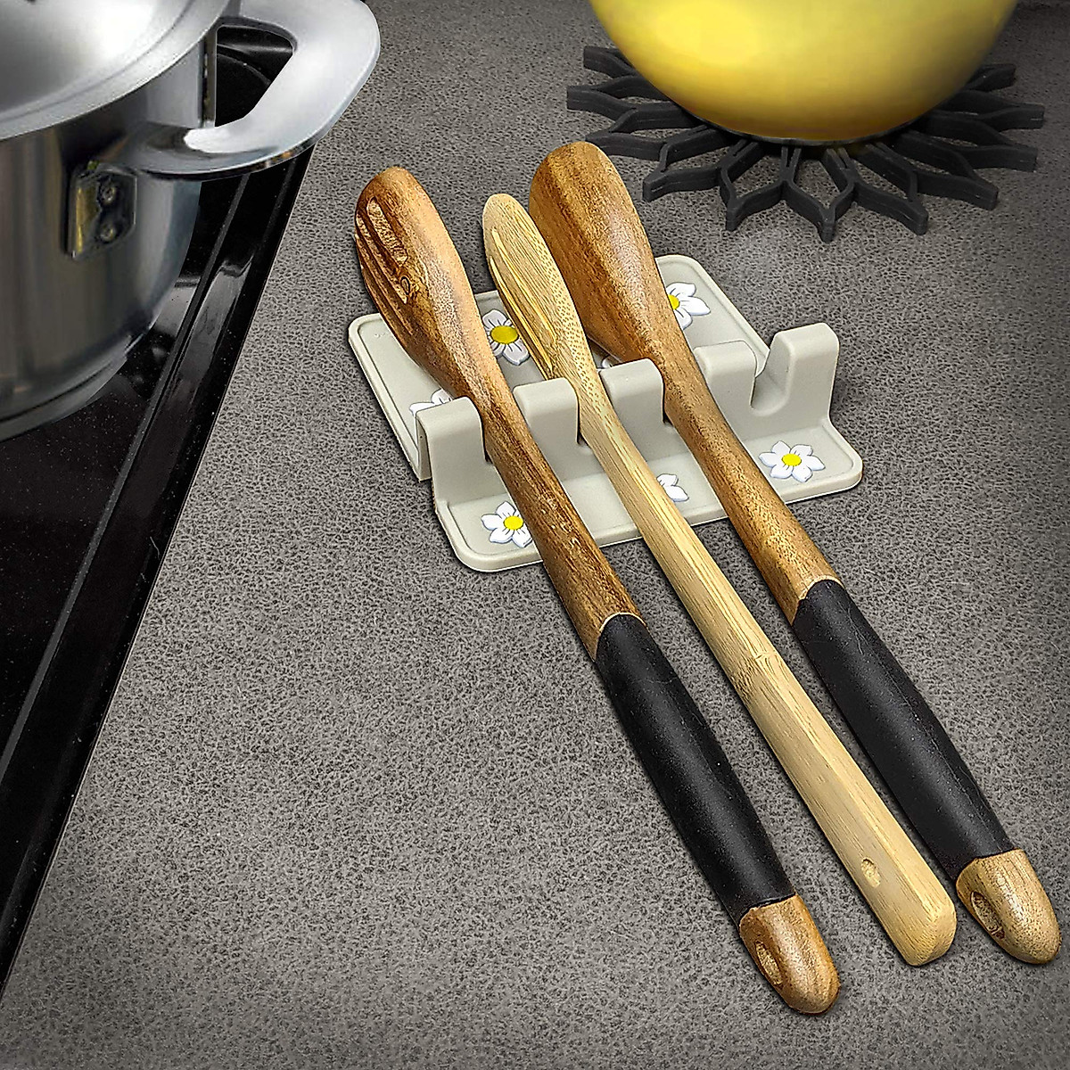 Utensil Organizer, Silicone Spoon Rest, Kitchen Utensil Holder, Spoon Rest for Stove Top, Spoon and Spatula Holder, Utensil Caddy, for Grill Tongs and Ladles, Farmhouse Utensil Holder (Flowers)