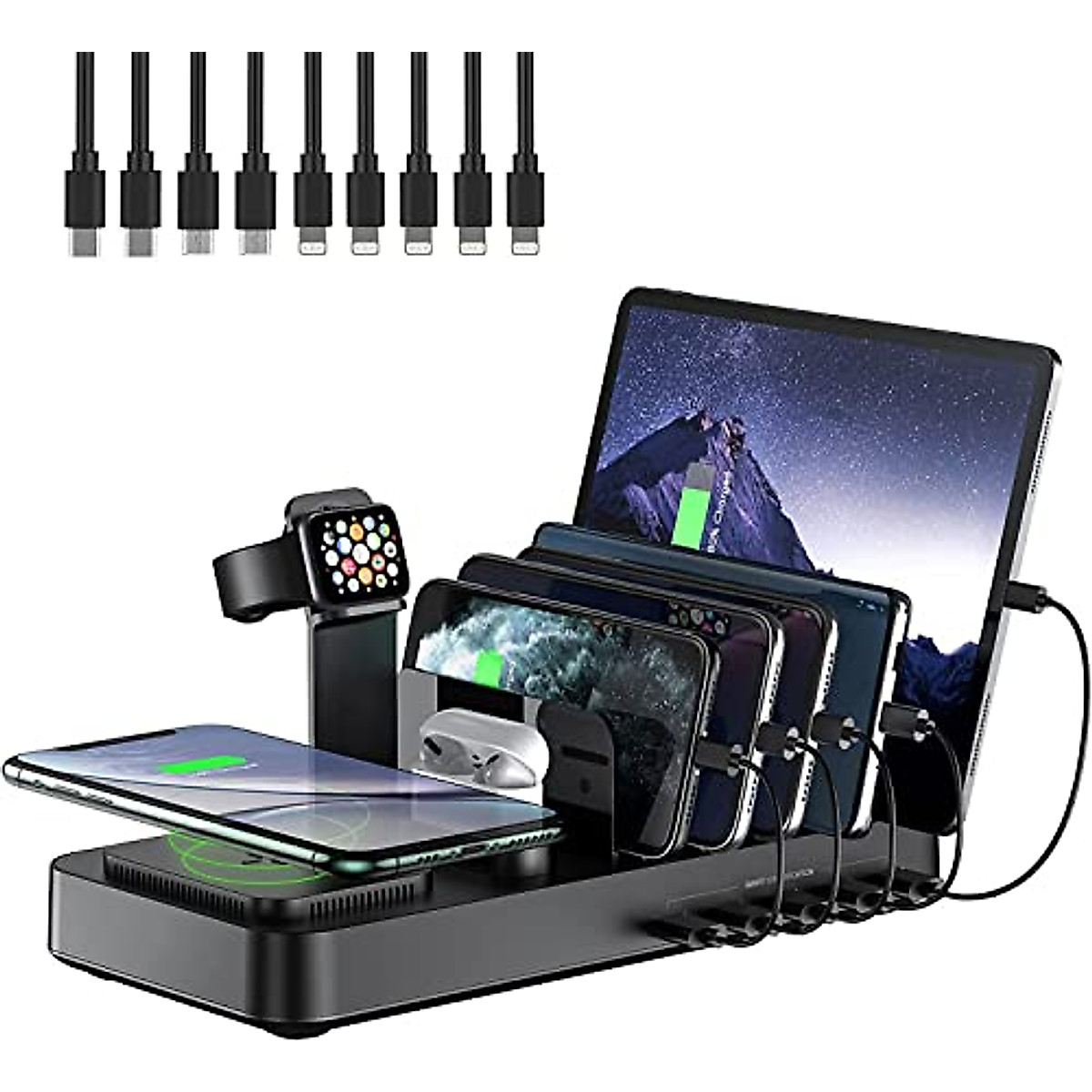 Getop Updated 8 in 1 Wireless Charging Station for Multiple Devices, Charging Dock with AirPods iWatch Charger Stand, 10W Wireless Charger and 9 Short Mixed Cables for iPhone/iPad/Tablets-Matt Black