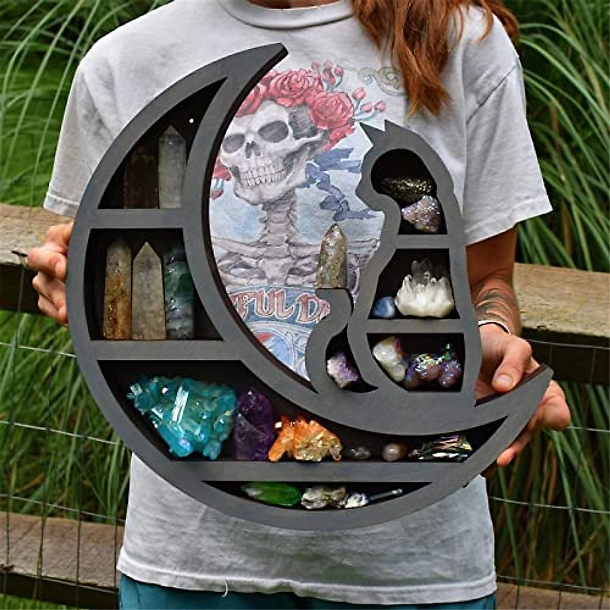 SXDHGTJ Cat in The Moon Crystal Wooden Shelf, Wall Mounted Crystal Display Shelf, Moon Shelf Black Cat Design Cute Wall Shelf Unit Black, Decorative for Living Room (A)