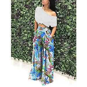 Famnbro Women's Boho Palazzo Pants Loose Fit Elastic High Waisted Long Wide Leg Trousers Plus Size