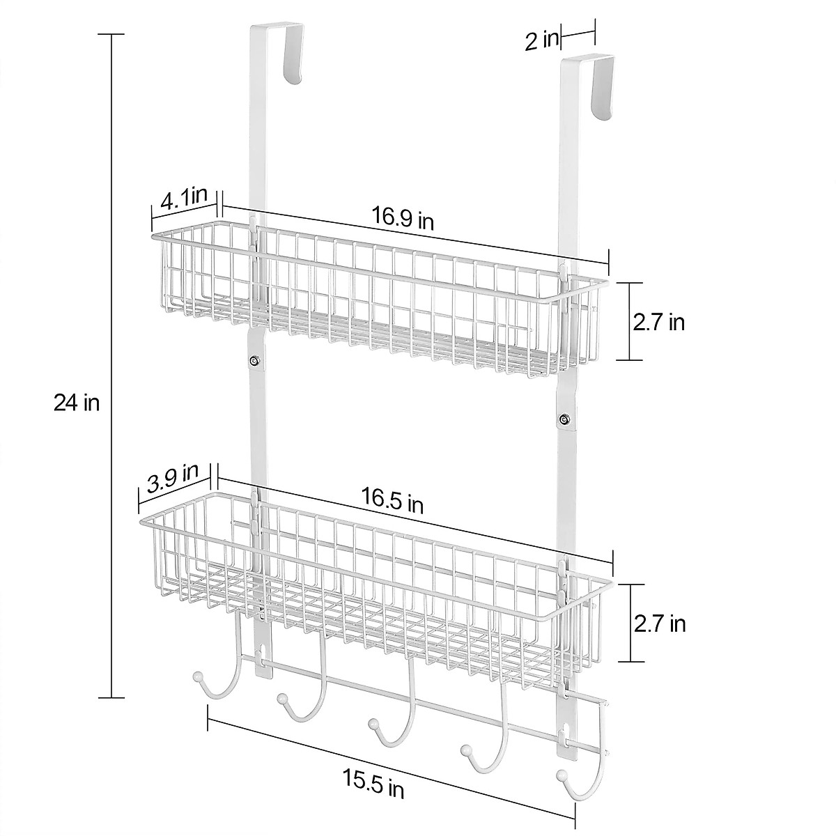 NEX The Door Hooks Shelf Organizer Hanger Towel Rack with 2 Mesh Basket 5 Hooks Storage Rack Spice Rack for Bathroom Kitchen Storage Shelves Toiletries, White