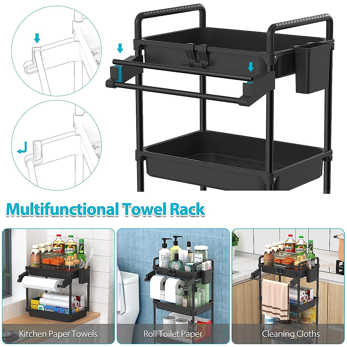 SPACEKEEPER Rolling Storage Cart, 4-Tier Bathroom Organizer Utility Cart Laundry Room Organization Mobile Shelving Unit with Towel Rack, Lockable Wheel, Hooks & Cup for Kitchen Bedroom Office, Black