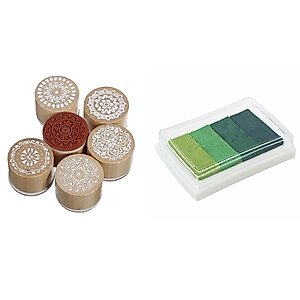 ESSISH Inkpad Craft Multi Gradient Green 4 x Colors Ink Stamp Pad Oil Based with 6 Assorted Wooden Rubber Stamp