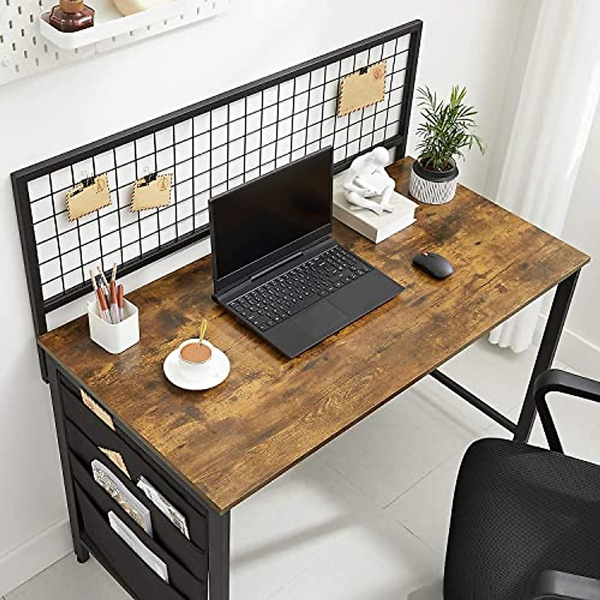 IULULU Computer Desk 47-Inch Home Office Writing Table with Grid Board, Modern Simple Study Workstation, Stable Metal Frame, Easy Assembly, Rustic Brown + Black