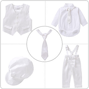 Booulfi Baby Boy Baptism Christening Clothing,Vest Bodyshirt Suspenders Pants Tie 5 Pieces Baby Boy Dress Outfit 3-6M