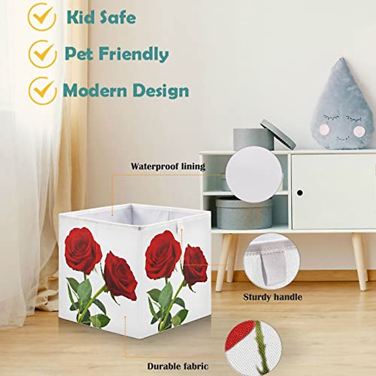 visesunny Closet Baskets Red Rose Storage Bins Fabric Baskets for Organizing Shelves Foldable Storage Cube Bins for Clothes, Toys, Baby Toiletry, Office Supply