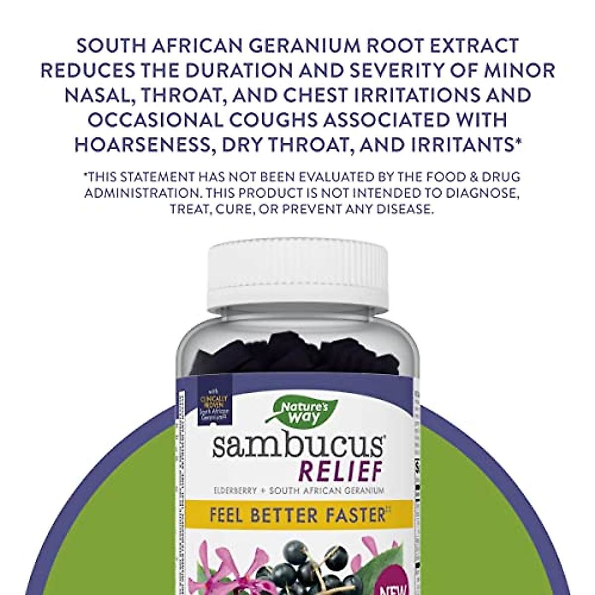 Nature’s Way Sambucus Relief Gummies, Feel Better Faster**, Reactive Support, Clinically Proven South African Geranium, with Elderberry, Vitamin C & Zinc, 60 Gummies