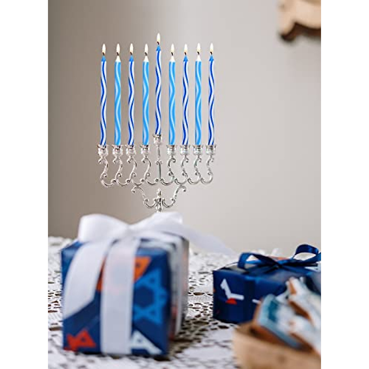 Hanukkah Candles Standard Size - Wave Etched Blue & White Chanukah Candles Fits Most Menorahs - Premium Quality Wax - 45 Count for All 8 Nights of Hanukkah - by Ner Mitzvah
