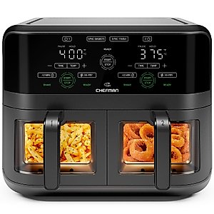 CHEFMAN 6 Quart Dual Basket Air Fryer Oven with Easy View Windows, Sync Finish, Hi-Fry, Auto Shutoff, 2 Independent 3Qt Nonstick Dishwasher Safe Frying Baskets, Digital Double Air Fryer - Black