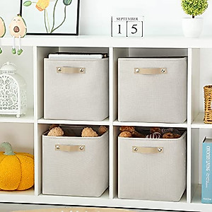 EvanColin Fabric Storage Cubes for Office, Home, Laundry, Square Cube baskets 11x11, Foldable Cube Storage Bins with Leather Handles for Closet, Organizing, Toys(Beige,4-Pack)
