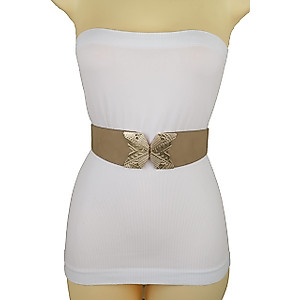 TrendyFashionJewelry Women Fashion Elastic Wide Waistband Belt Hip High Waist X Shape Gold Metal Buckle S M Beige
