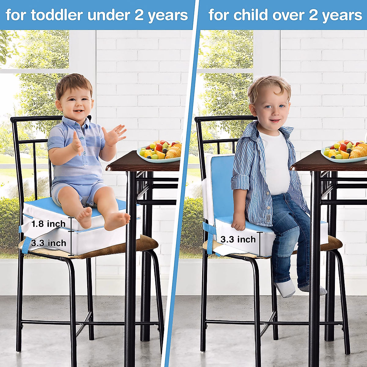 OTTOLIVES Toddler Booster Seat for Dining Table Thick Increasing Waterproof PU Washable Cushion with 2 Adjustable Straps Safety Buckle (Blue)