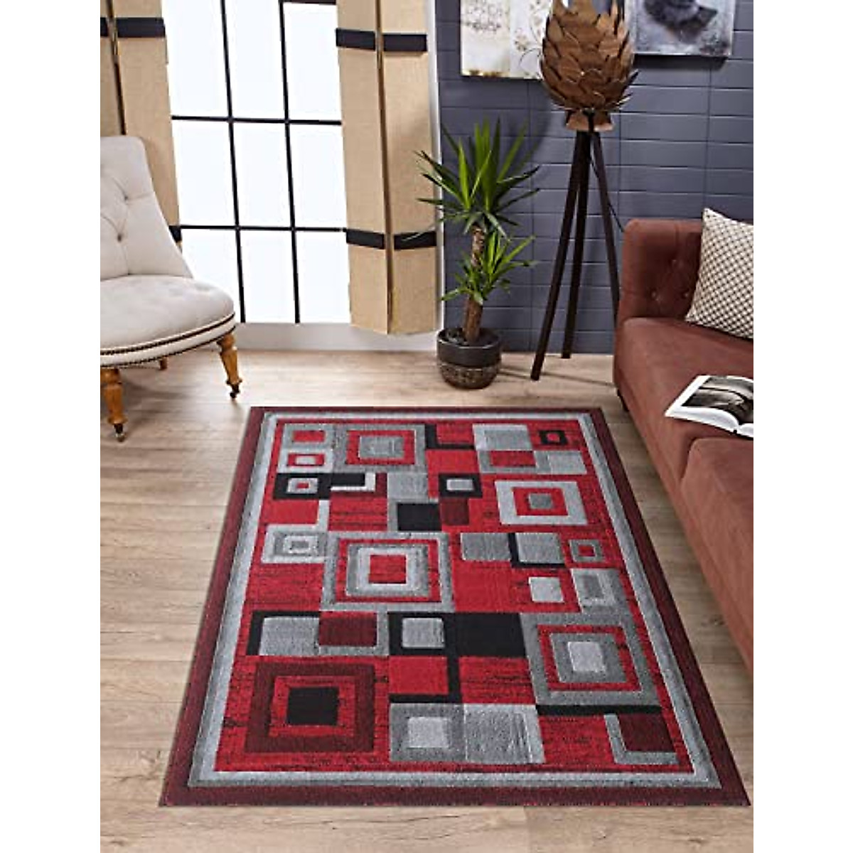 GAI LO Majestic Indoor Rug for Room Anti Slip Rug - 6X9' Feet Area Rug for Office - Soft and Plush Rug for Living Room Polyester Material - Jute Backing Keep Rug in Place - Light Grey-RED