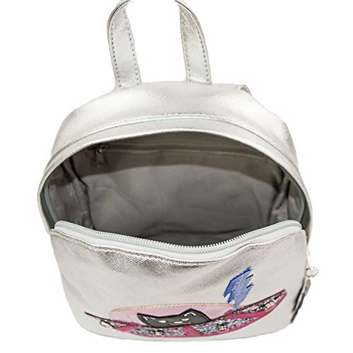 Rising Phoenix Industries Faux Leather Metallic Silver Backpack Purse Bag with Fun Kitty Cat in Spaceship Design for Women (Silver)