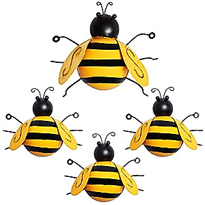 MorTime 4 Pack Metal Bee Wall Art Sculptures Garden Decorations, Hanging Bee Wall Decor Indoor Outdoor Garden Yard Lawn Decor