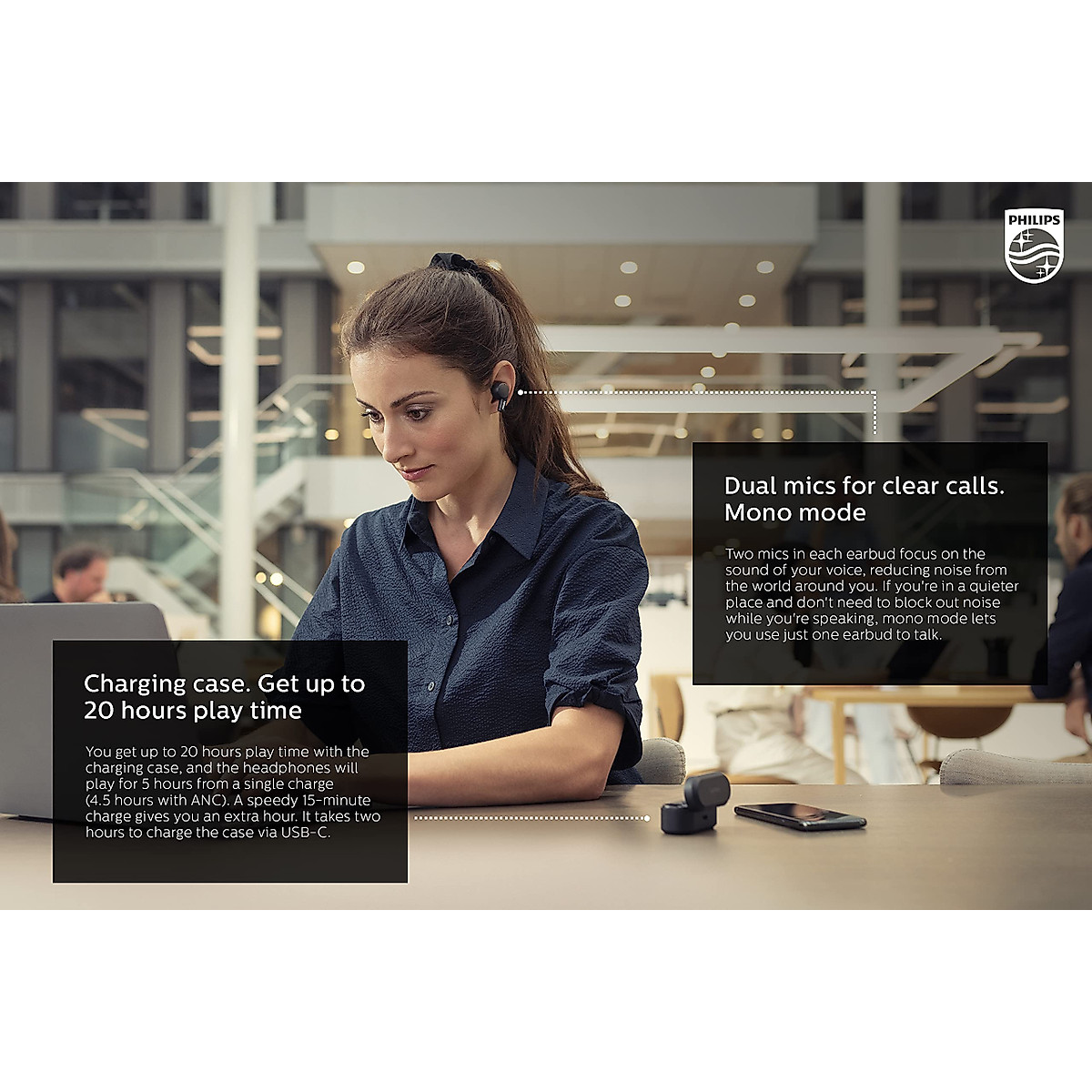 Philips T5505 Wireless Earbuds with Active Noise Canceling (ANC) and IPX5 Water Resistance, Black