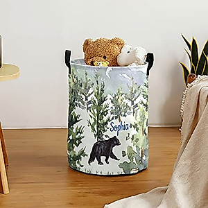 Laundry Basket Forest Bear Custom Name Laundry Bag Hamper Collapsible Oxford Cloth Home Storage Bin with Handles