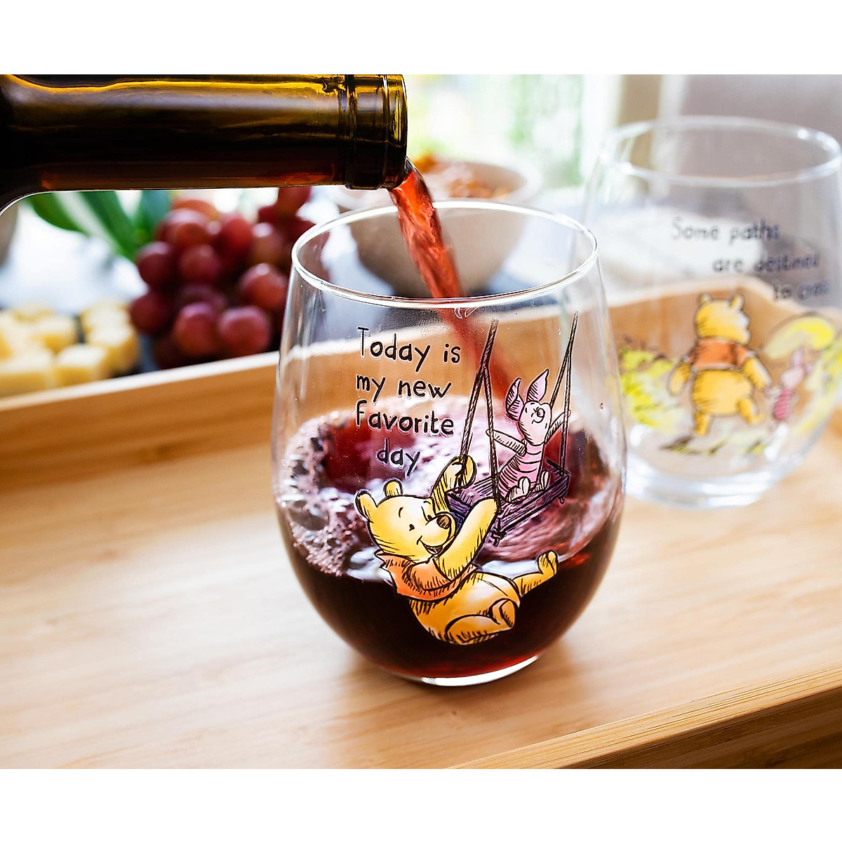 Disney Winnie The Pooh Quotes Teardrop Stemless Wine Glass Set | Tumbler Cup For Mimosas, Cocktails | Each Holds 20 Ounces