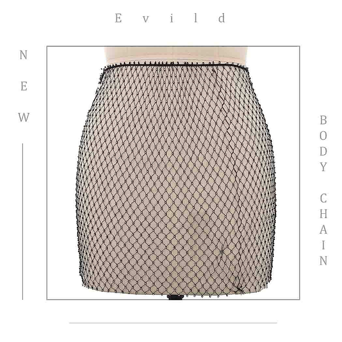 EVILD Women Mesh Rhinestone Body Chain Glitter Elastic Belly Skirt Sparkly Party Waist Chain Statement Belly Chain