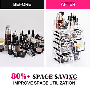DreamGenius Makeup Organizer 4 Pieces Acrylic Makeup Storage Organizer Box with 9 Drawers for Lipstick Jewerly and Makeup Brushes, Stackable Cosmetic Display Cases for Dresser and Bathroom Countertop