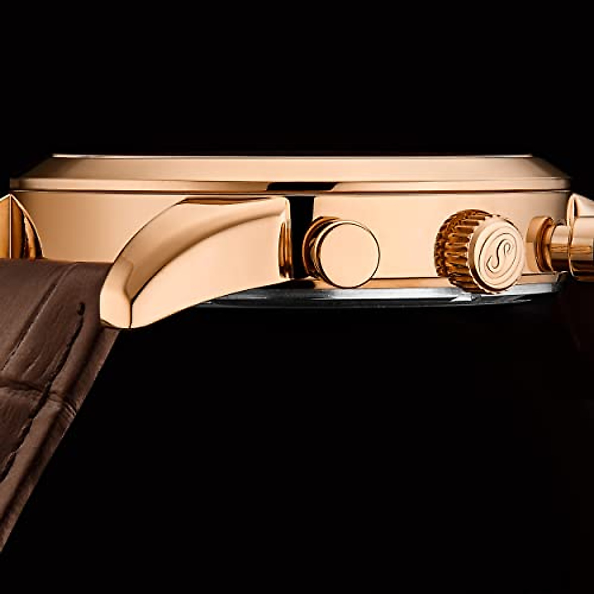 Stuhrling Original Mens Watches Chronograph Analog Silver Dial with Date Rose Gold Steel Case Tachymeter 24-Hour Subdial Mens Brown Leather Strap