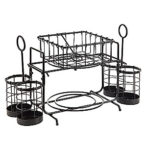 Giftburg Loop & Wire Buffet Caddy Tabletop Organizer, Flatware Napkin and Plate Picnic Caddy Stackable Serving Set, Black