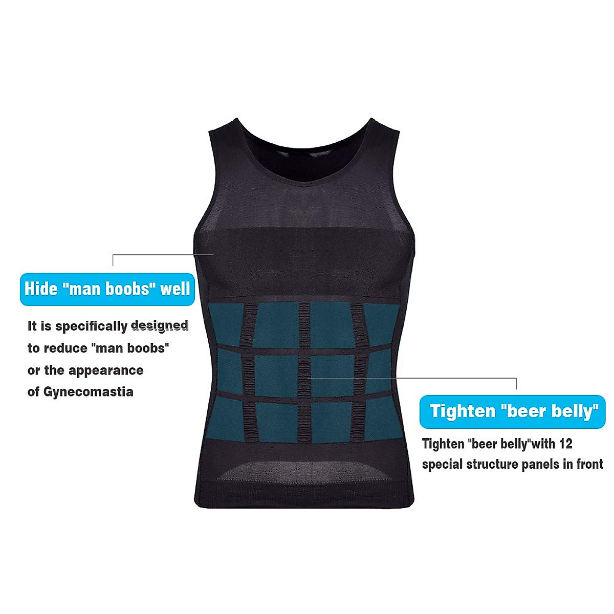KOCLES Men's Compression Tank Top Slimming Body Shaper Vest Shirts Abs Abdomen Slim Undershirts Gym Weight Loss Workout Clothing (Black, Large)