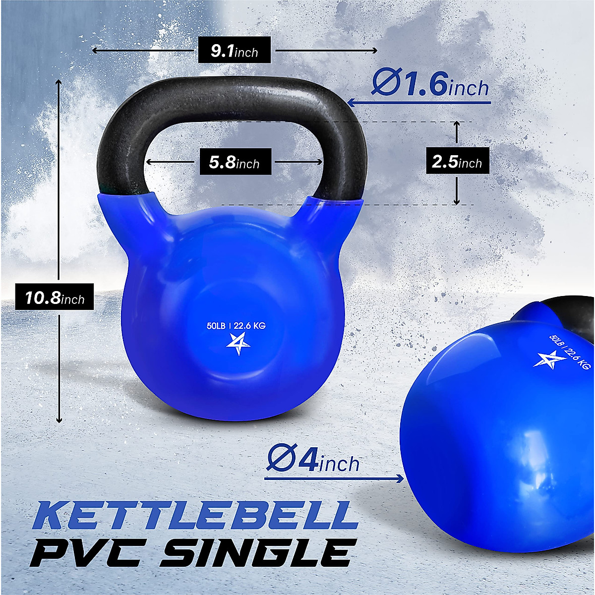 Yes4All 50 lb Kettlebell Weight Vinyl Coated Cast Iron for Dumbbell Weights Exercises, Gym, Fitness, Full Body Workout Equipment Push up, Grip and Strength Training, Blue