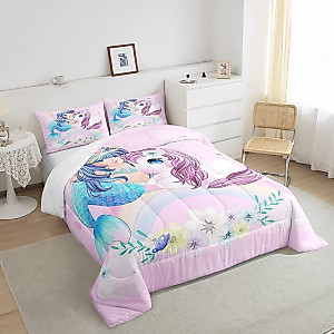 Erosebridal Blue Mermaid Bedding Comforter Sets for Girls Cute Unicorn Bedding Sets Twin 2pcs Kids Dreaming Girly Rainbow Duvet Insert Chic Floral Flower Quilt,Pink Bedroom Decor Aesthetic for Women