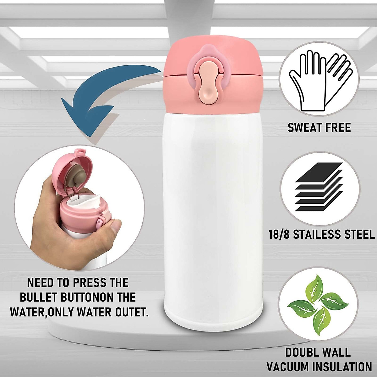 AiHeart Kids Sublimation Water Bottle,10oz Blank Stainless Steel Kid Thermo Mug,Double Wall Vacuum Insulated Sport Water Bottle,With Shrink wrap films and Lid,For School Travel(Light Pink)