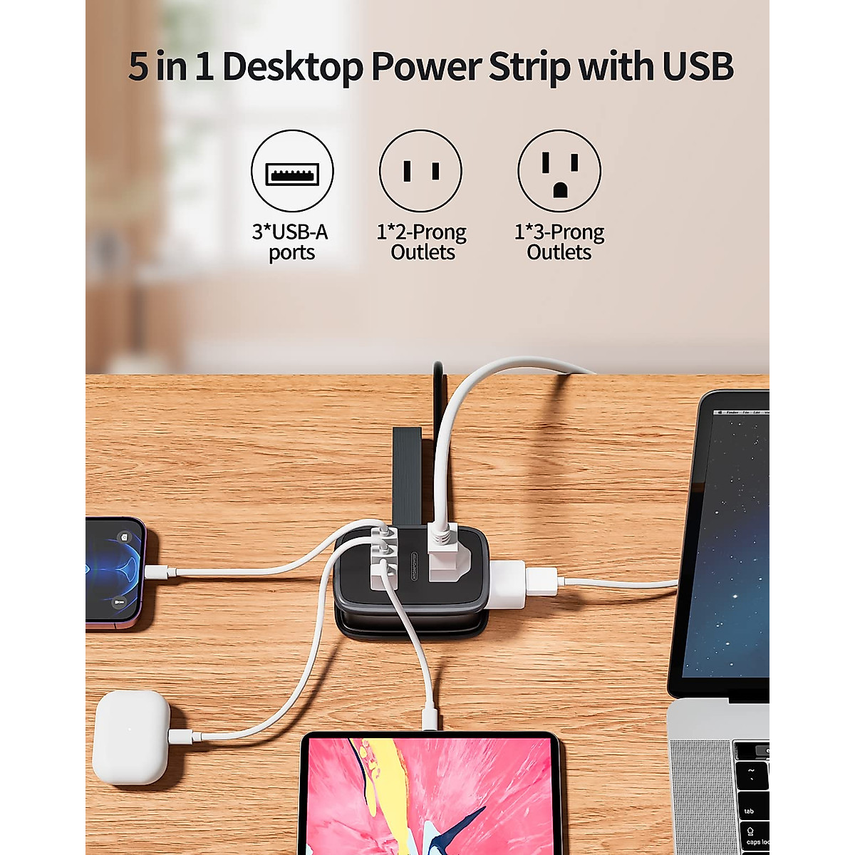 NTONPOWER Travel Power Strip with USB Ports, Portable Small Power Strip with 3FT Wrapped Flat Plug Extension Cord, 2 Outlets 3 USB Ports, Non Surge Protector for Cruise Ship Hotel Black