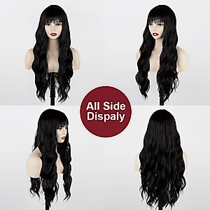 Black Wave Wigs with Bangs Body Wave Wigs for Women Glueless Curly Wigs Synthetic Long Wave Wigs Hair Replacement Wigs For Girls Daily Use Heat Resistant Natural Black 24 Inch