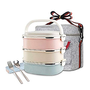 Unichart Stainless Steel Square Lunch Box with Container Bag, Spoon and Fork, Perfect for Salads Sandwiches, Snacks(3-Tier)