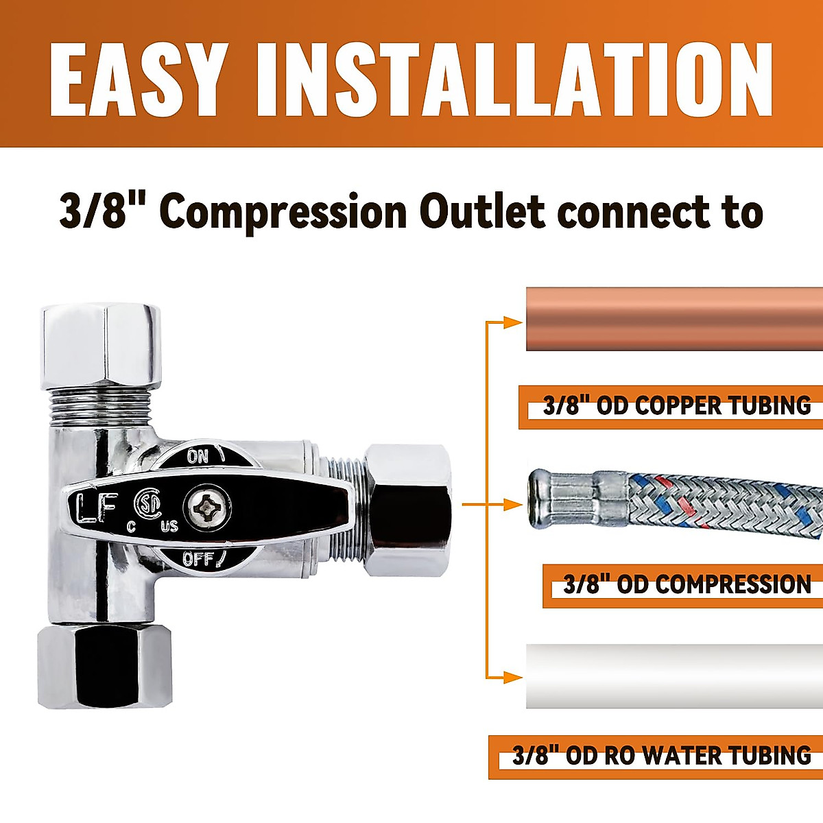 SUNGATOR Tee Stop Valve, 3/8" Angle Stop Valve with Tape for Faucet, Glass Rinser, Dishwasher, Reverse Osmosis, Washing Machine