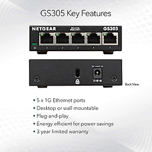 NETGEAR 5-Port Gigabit Ethernet Unmanaged Switch (GS305) - Home Network Hub, Office Ethernet Splitter, Plug-and-Play, Silent Operation, Desktop or Wall Mount