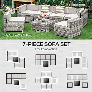 Outsunny 7-Piece Patio Furniture Sets Outdoor Wicker Conversation Sets All Weather PE Rattan Sectional Sofa Set with Cushions & Slat Plastic Wood Table, Beige