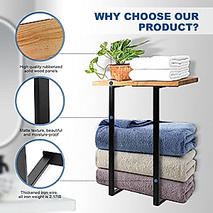 Wellsign Towel Racks for Bathroom Wall Mounted, Metal Towel Holders with Wooden Shelf for Small Bathroom, Rv, Camper Rolled Bath Towel and Hand Towels Holder Storage and Organization Decor