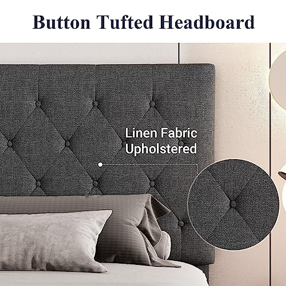 Allewie Queen Bed Frame with Adjustable Headboard/Diamond Stitched Button Tufted/Fabric Upholstered Platform Bed Frame/Wood Slat Support/No Box Spring Needed/Easy Assembly, Dark Grey