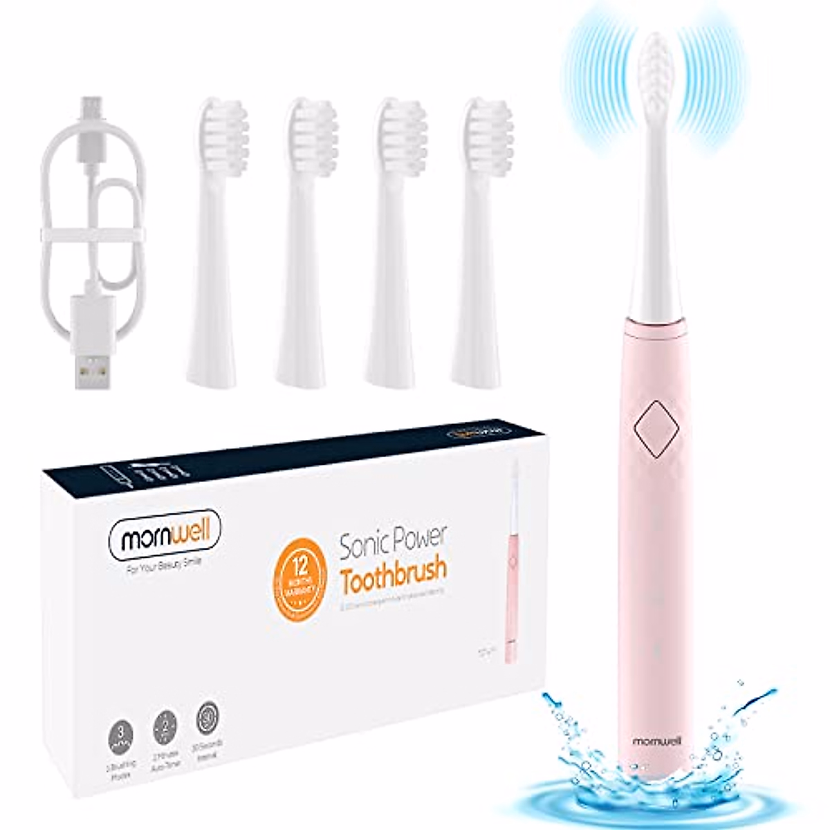 mornwell Sonic Electric Toothbrush T27 Electric Toothbrush with 4 Dupont Brush Heads Ultra Sonic Motor 3 Modes & Smart Timer Rechargeable Electric Toothbrush for Teenagers and Adults